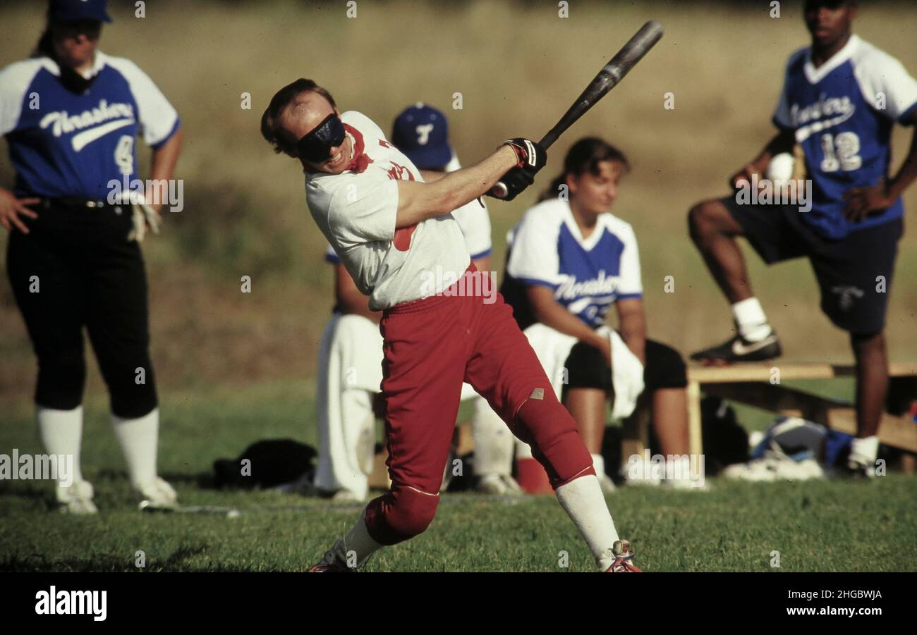 Austin Texas USA, 1993: Vision-impaired batter wearing eye mask uses ...
