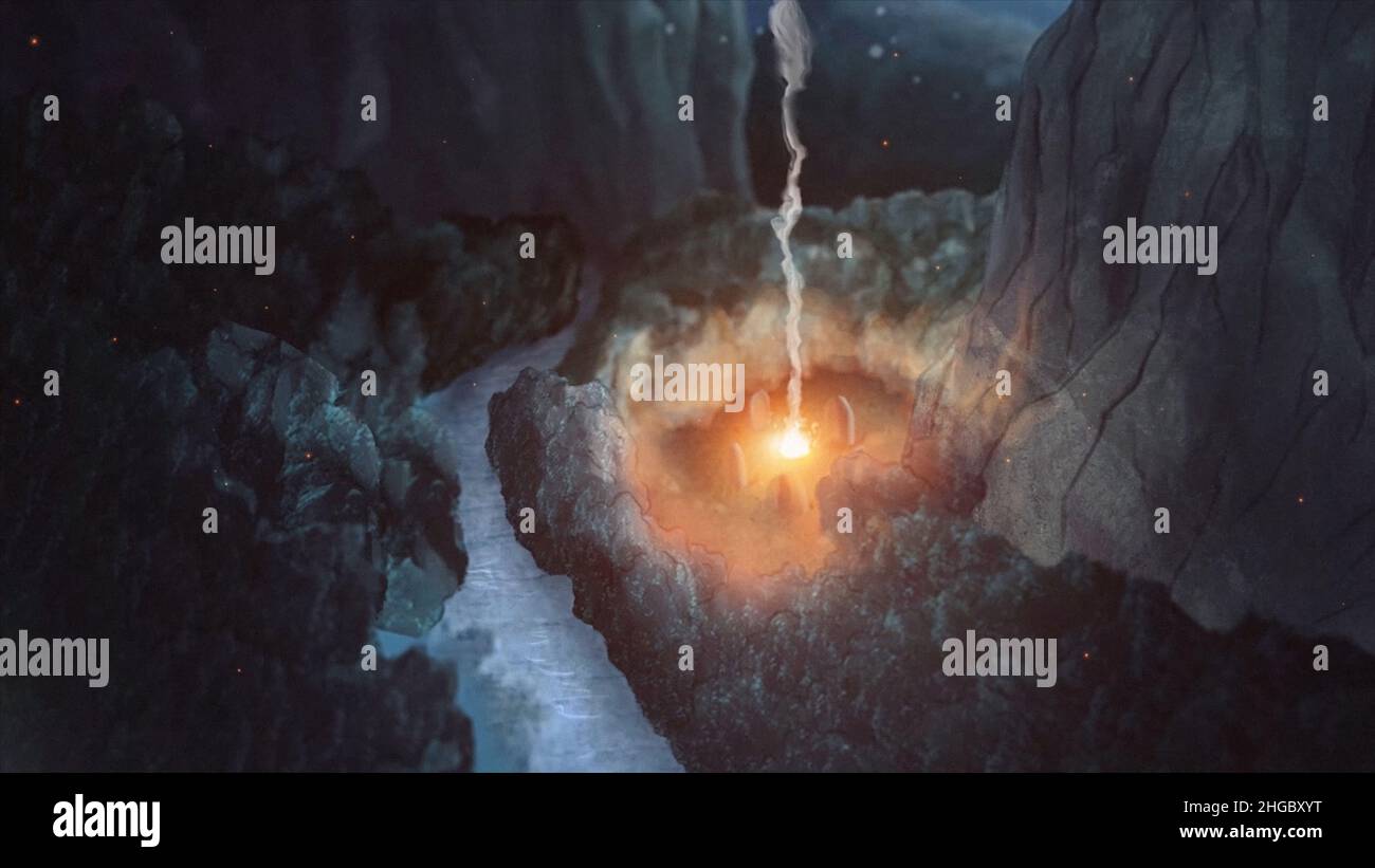 Abstract animation of an old wizard making a potion above boiling pot ...