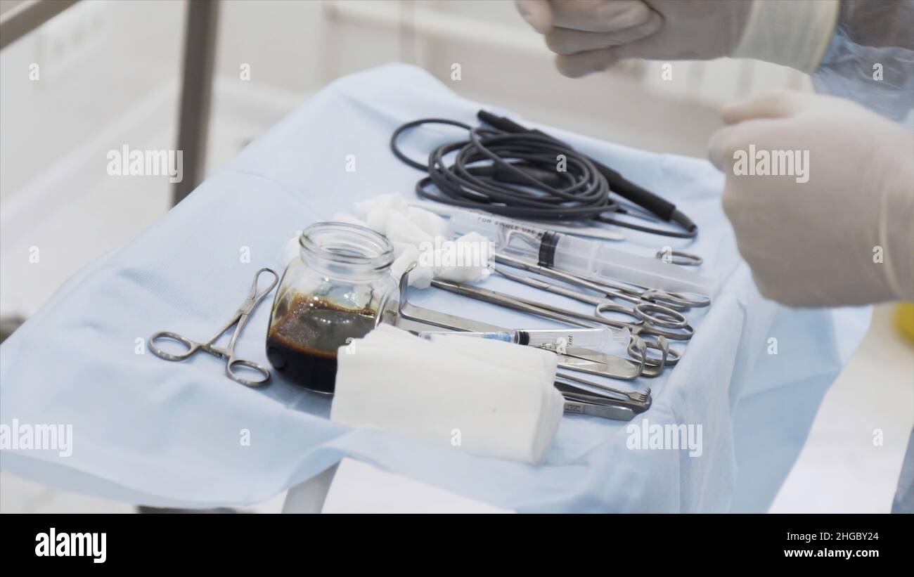 Close up of sterile surgical tools for laparoscopic surgery. Tools for ...