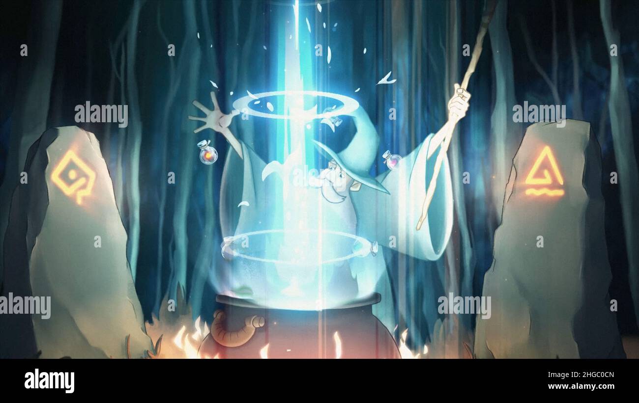 Abstract animation of an old wizard making a potion above boiling pot ...