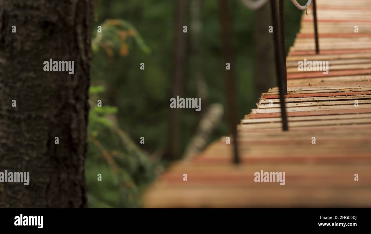 Close up of the edge of hanging wooden bridge on blurred green grass ...