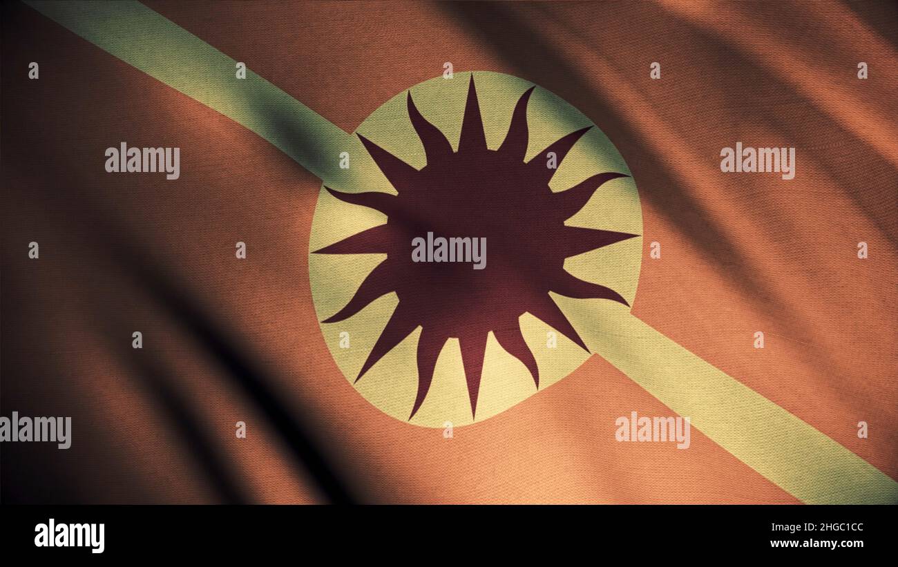 Orange waving flag with the sun and spear, seamless loop. Bright ...