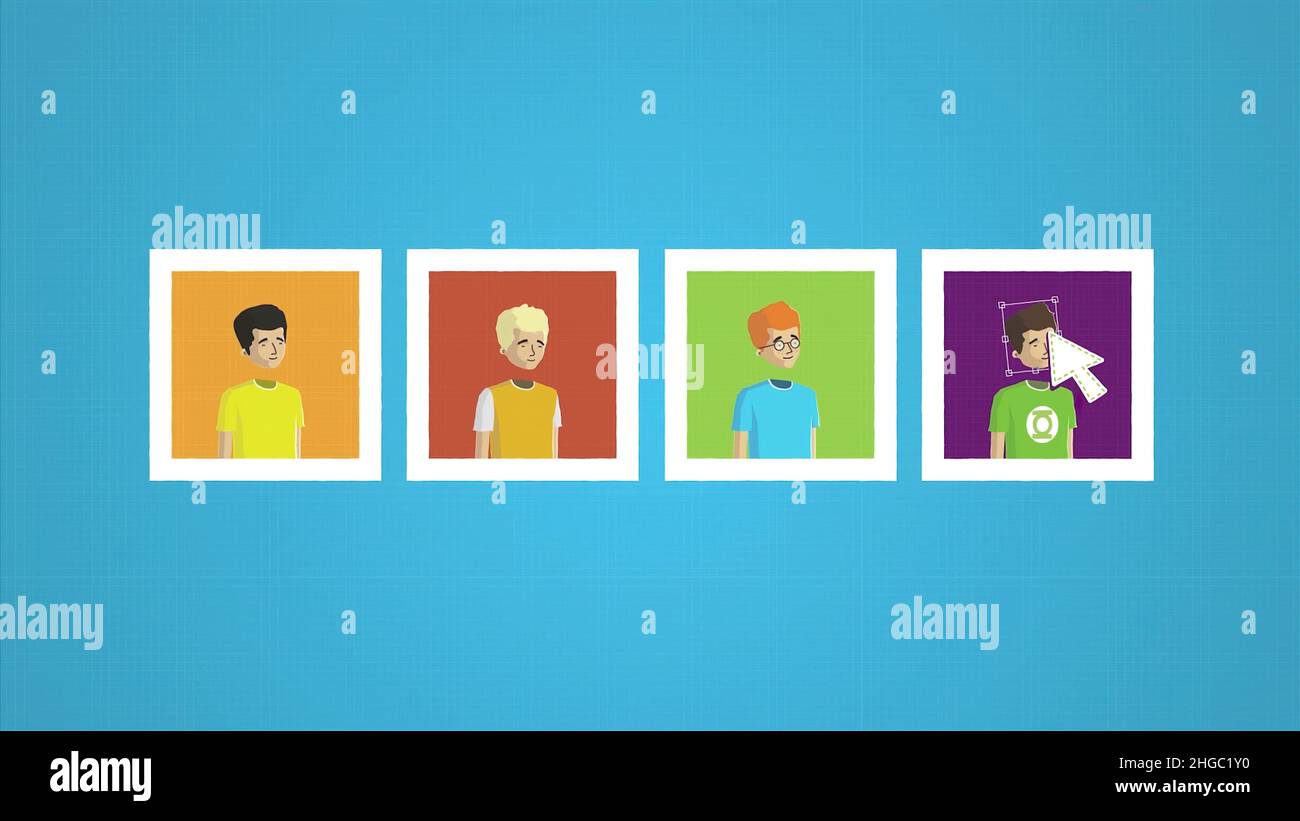 Cartoon animation with computer programme in process of copying man ...