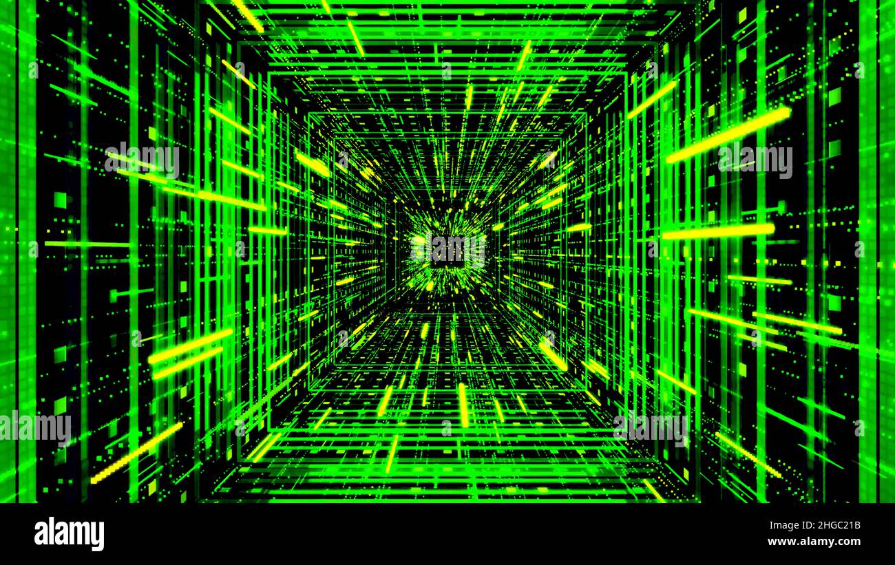 Green sci fi tunnel, abstract futuristic technology concept. 3D journey through cyberspace on ...