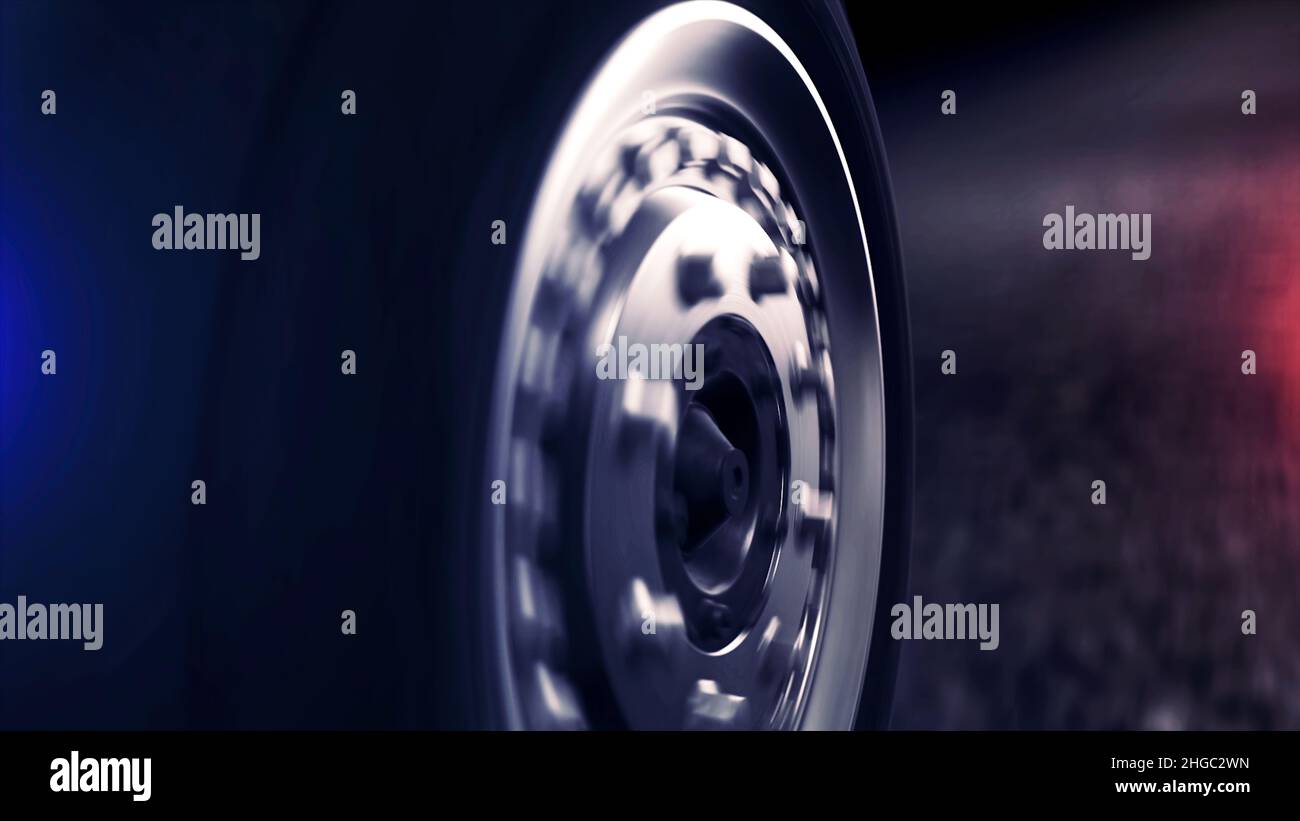 Side view of abstract car wheel driving back on black road. Close up ...