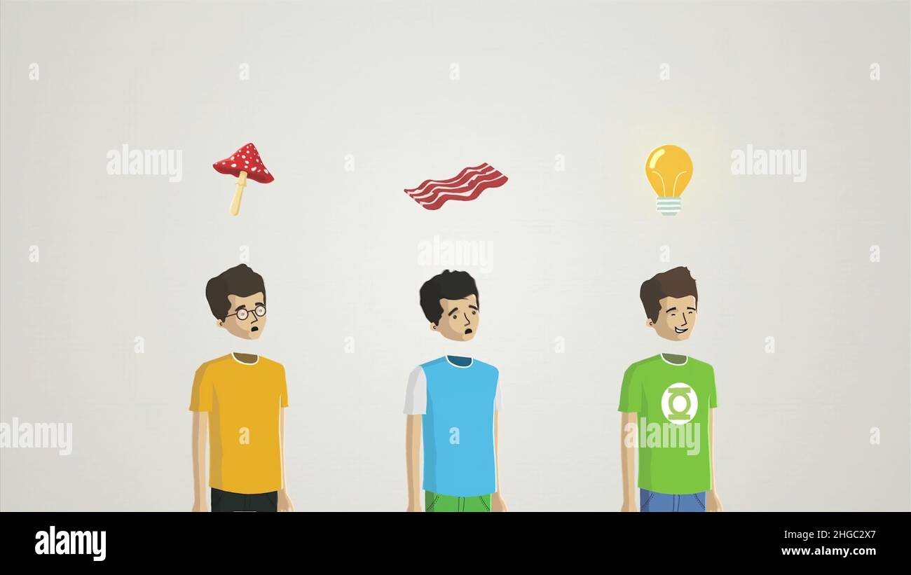 Cartoon animation with three young men and objects above their heads ...