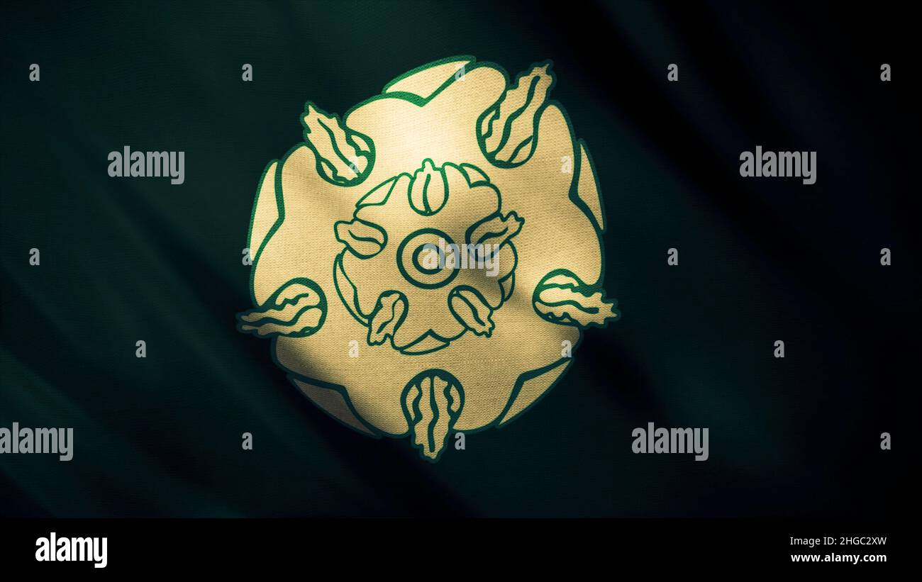 Abstract waving flag with beige flower with green petals on dark green ...