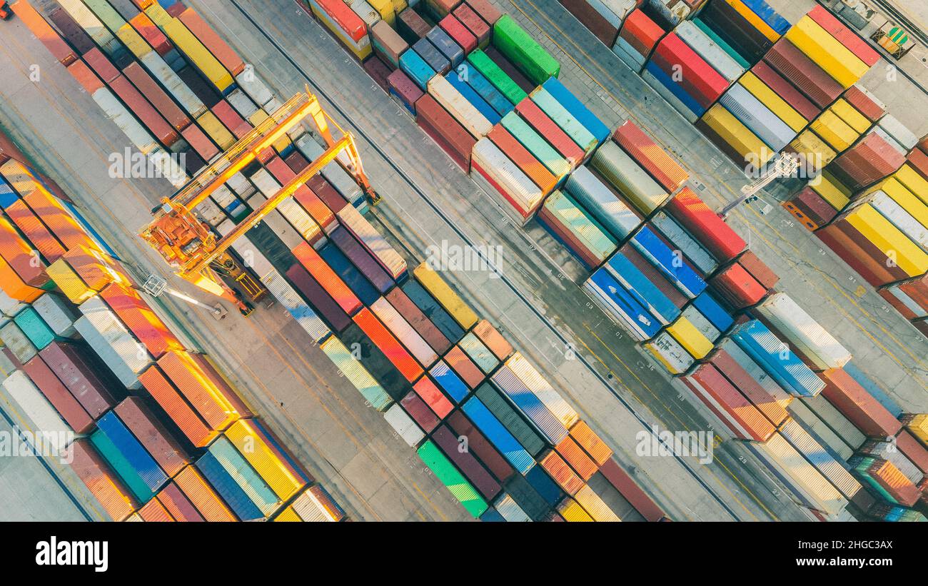 Aerial view of shipping container port terminal. Colourful pattern of ...