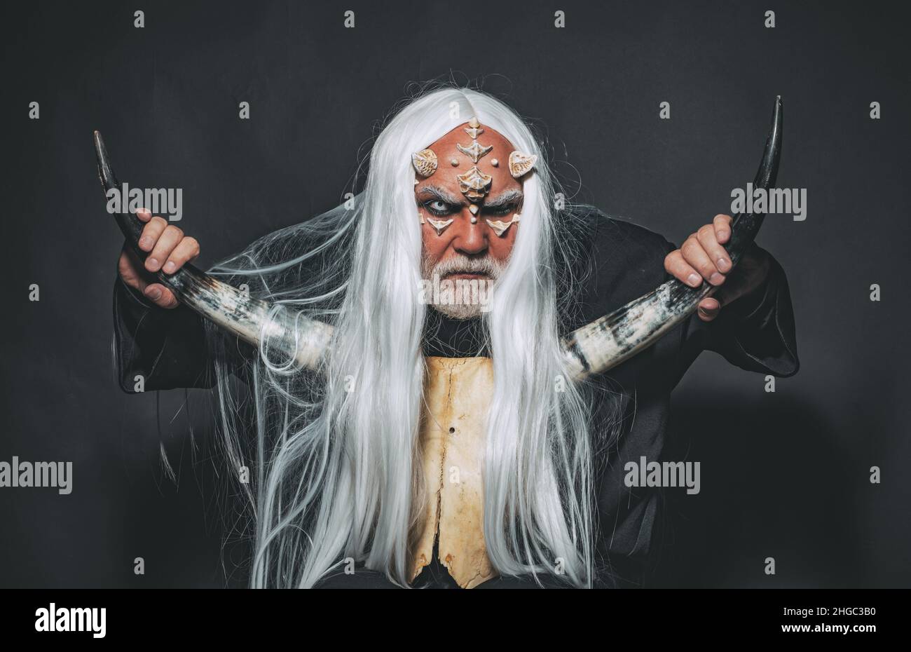 Tree spirit and fantasy concept. Man wizard with fantastic make up on ...