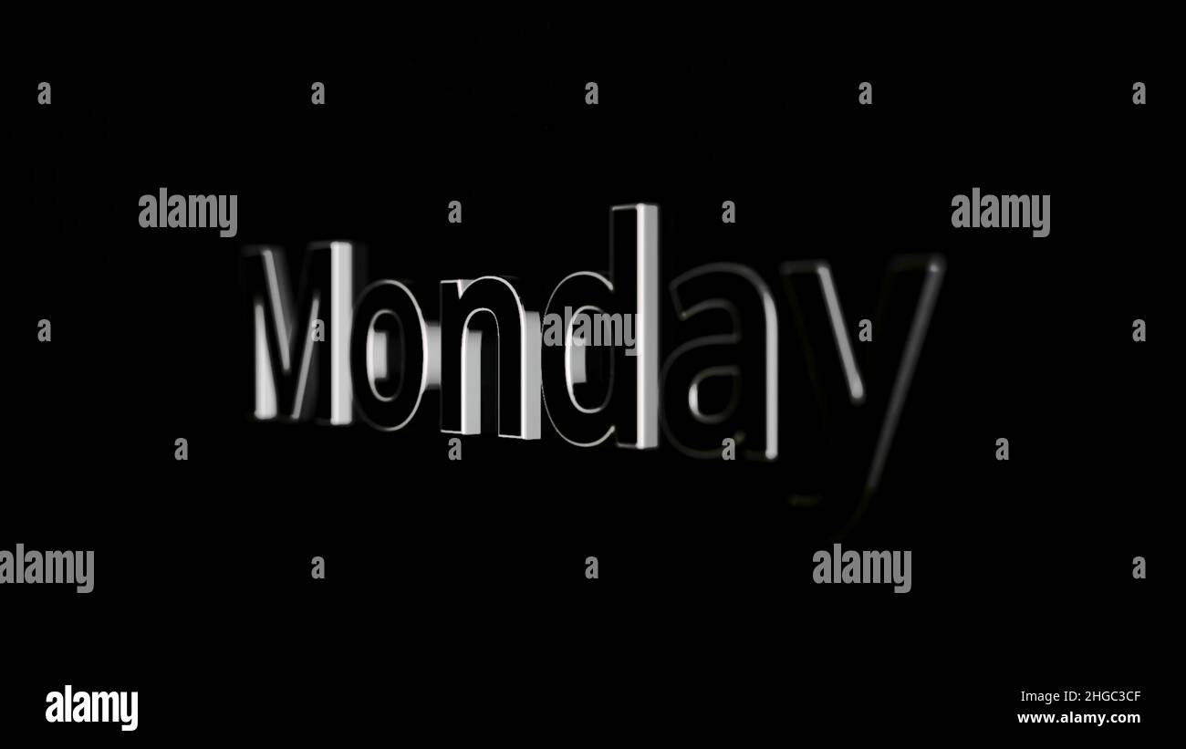 Monday text word gliding on black, glossy background, 3D animation ...