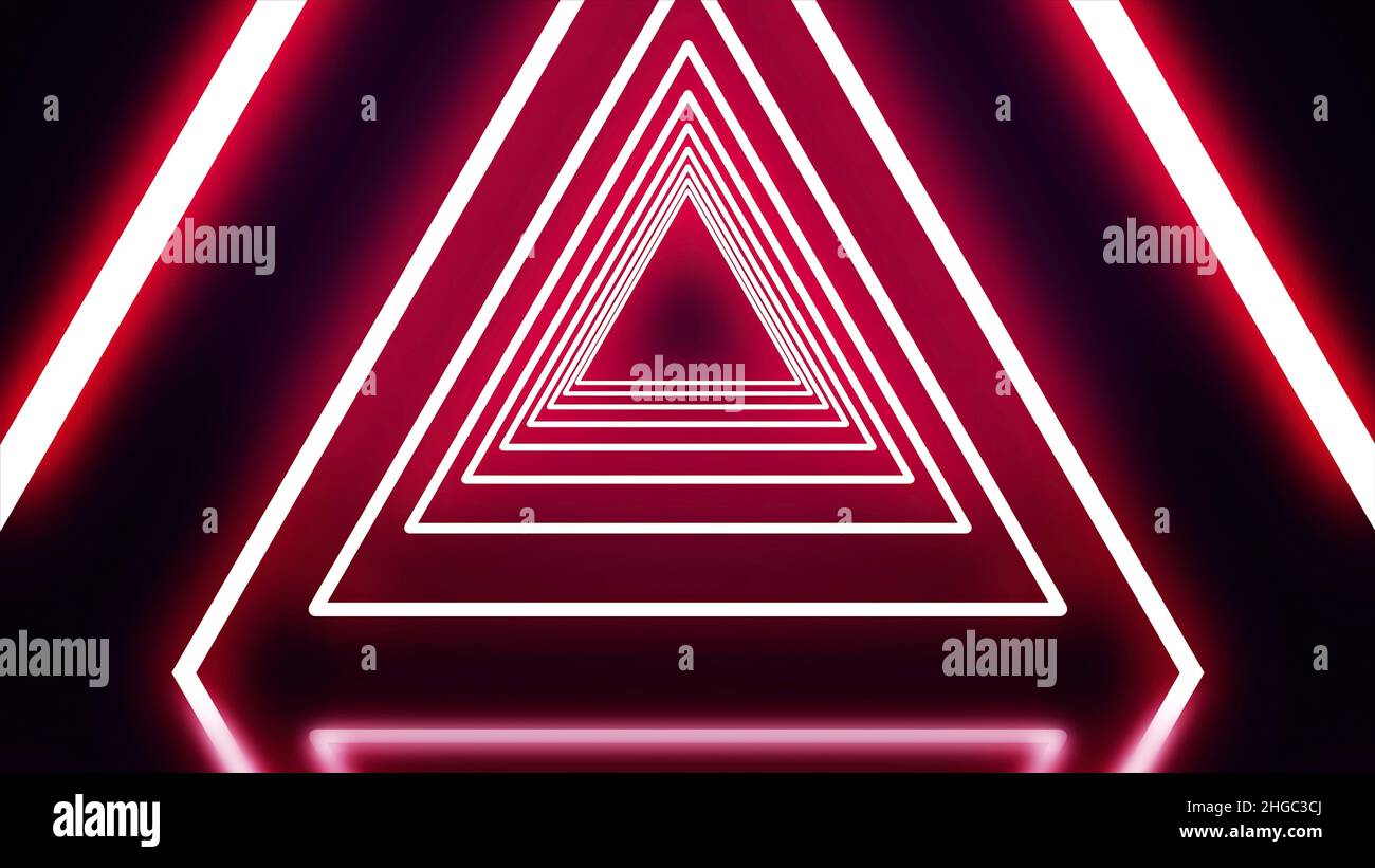A tunnel of red neon triangles on black background. Abstract neon ...