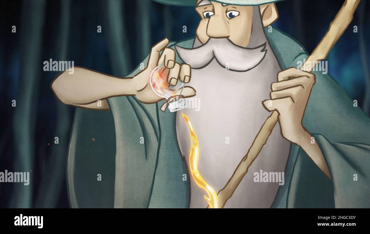 Abstract animation of an old wizard making a potion above boiling pot ...