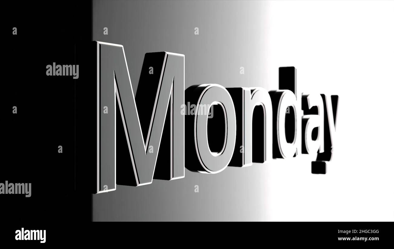 Monday text word gliding on black, glossy background, 3D animation ...