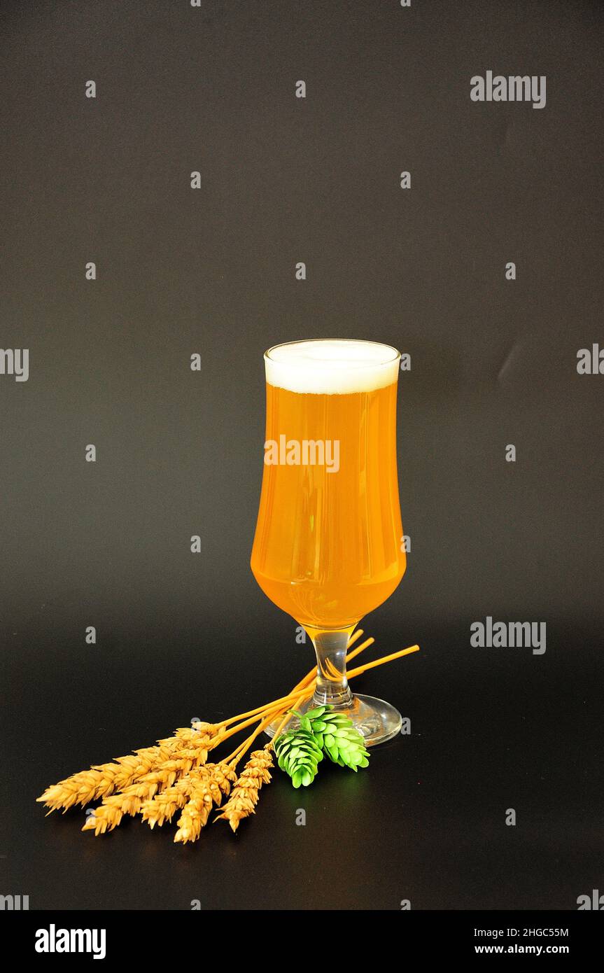 A tall glass goblet of wheat beer on a black background, next to it are ...