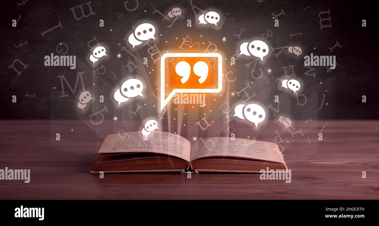 Open book with social networking icons above Stock Photo - Alamy