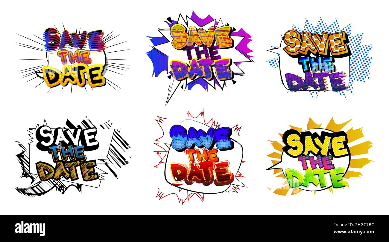 Save the date. Comic book word text on abstract comics background ...