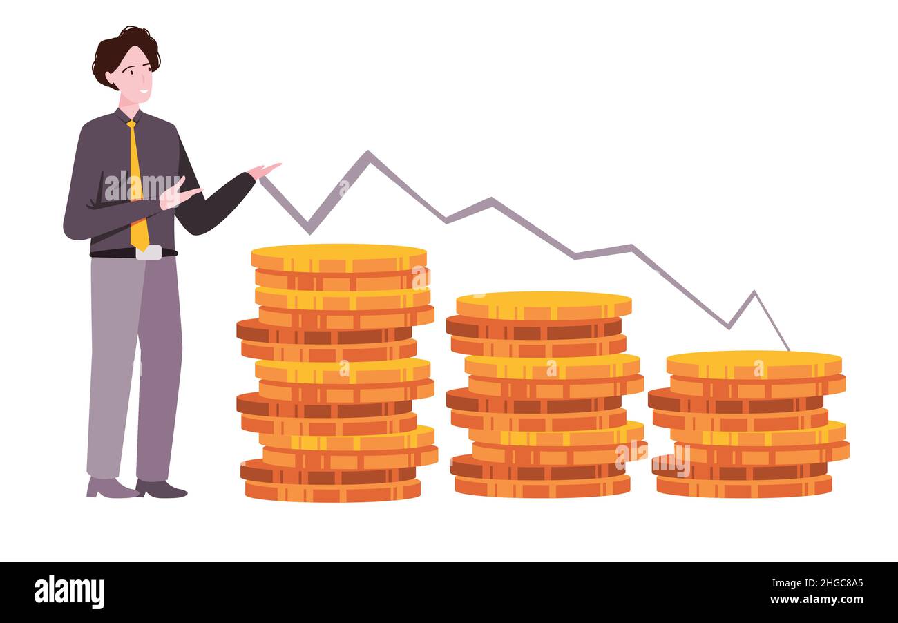 Man presenting chart down with stack of coin depressed decline report ...