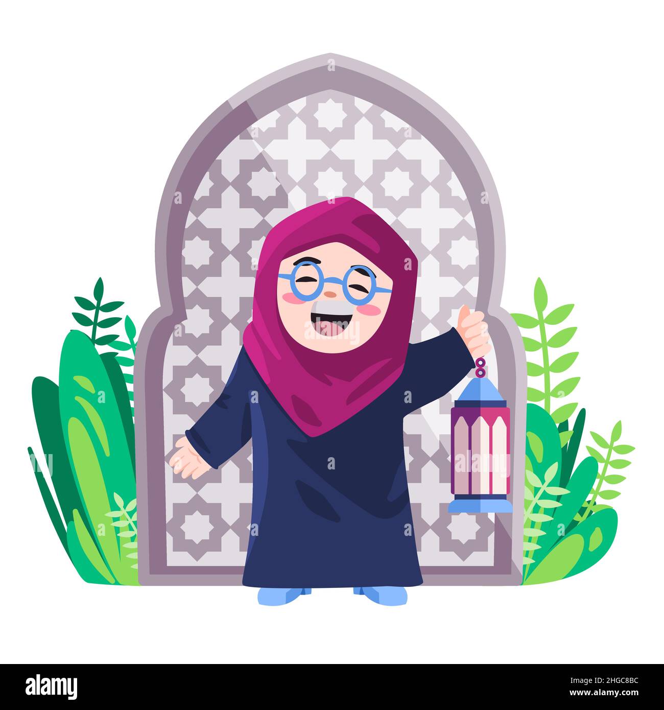 girl greeting ramadan mubarak celebrating Ied Islam in front of mosque ...