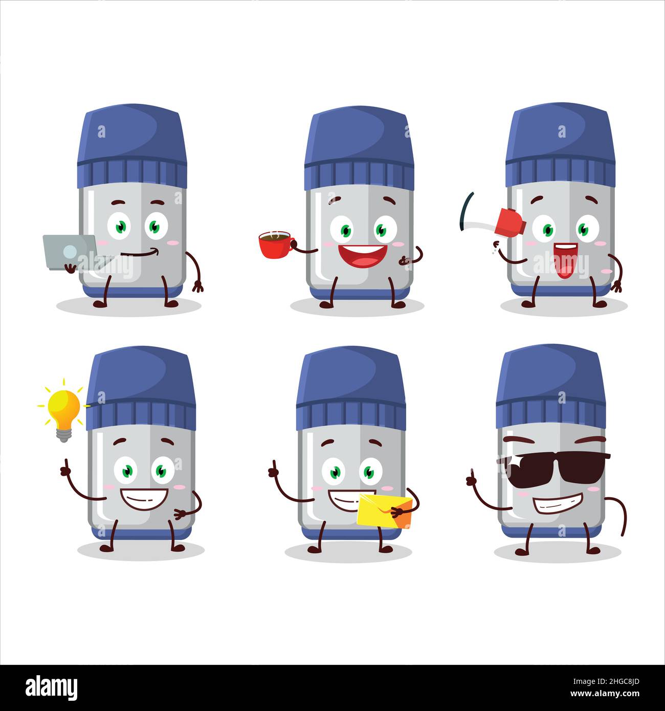Blue whiteboard marker cartoon character with various types of business ...