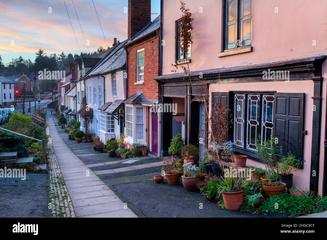 Cottages along Lower Broad street at dawn. Ludlow, Shropshire, England ...