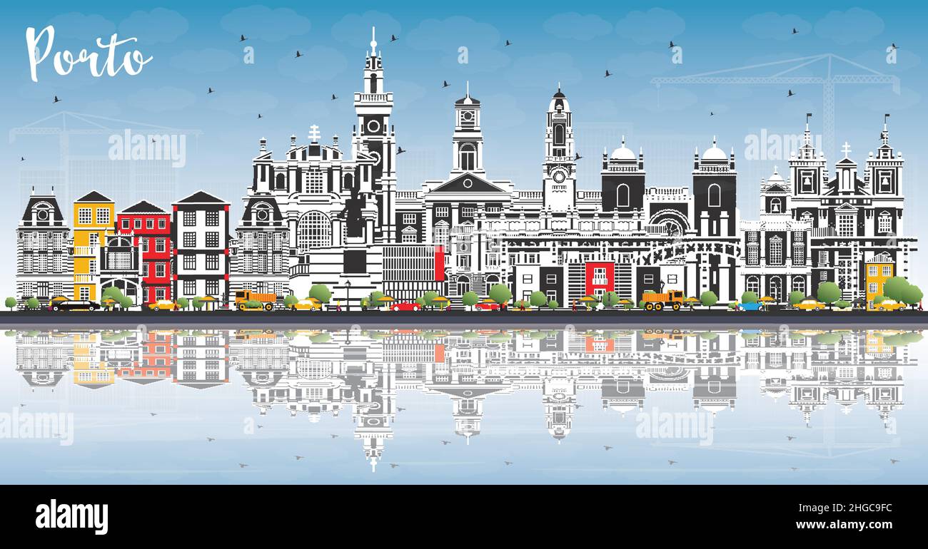 Porto Portugal City Skyline with Color Buildings, Blue Sky and ...