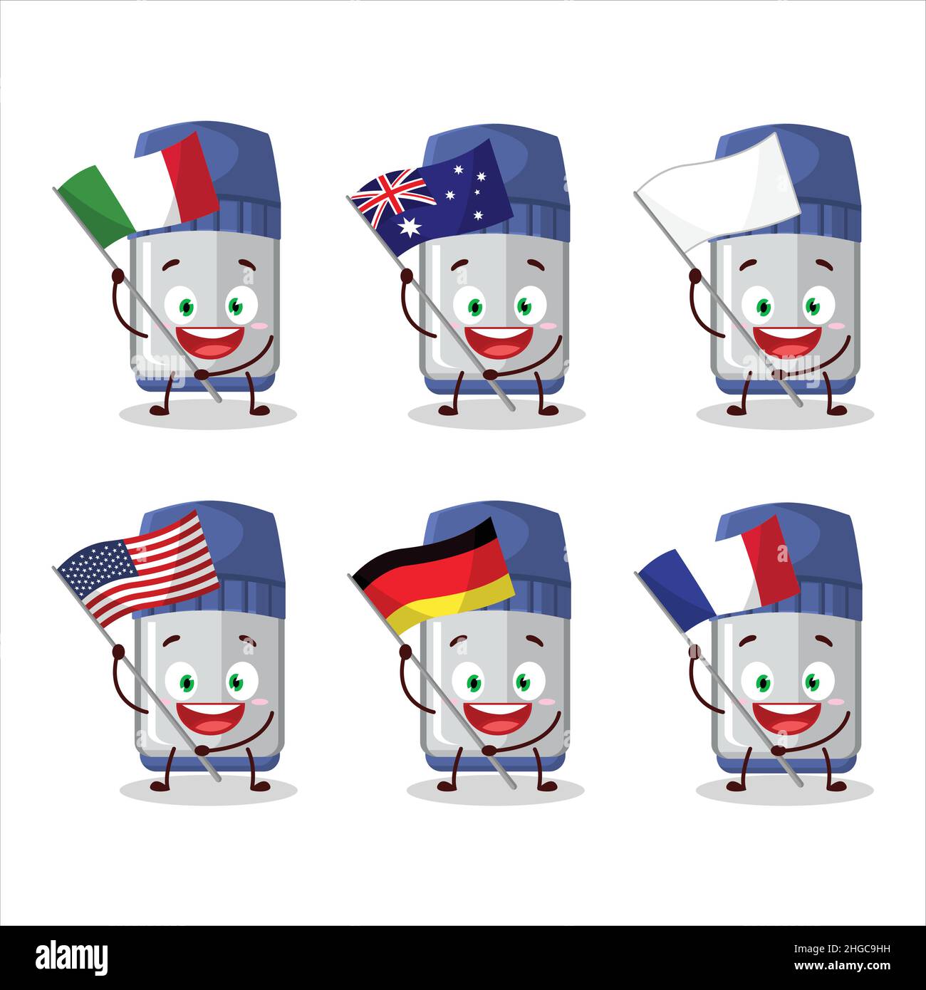 Blue whiteboard marker cartoon character bring the flags of various ...