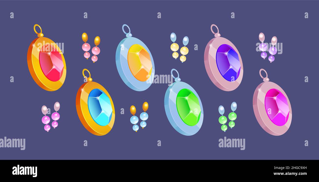 Cartoon jewelry, set of gold and silver pendants and earrings with ...