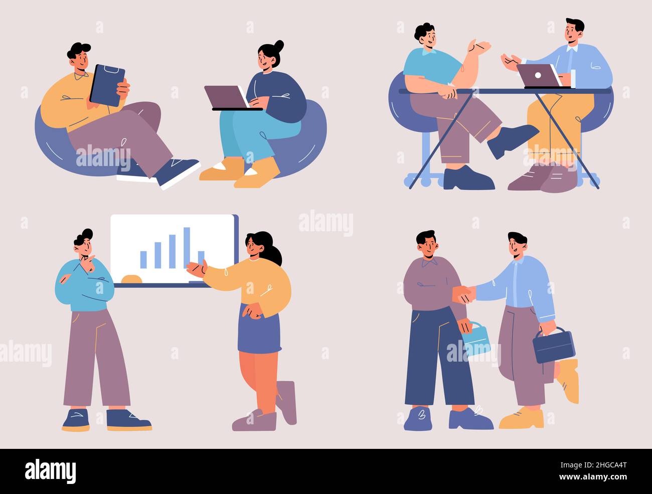 Office workers business men and women characters work on laptops ...