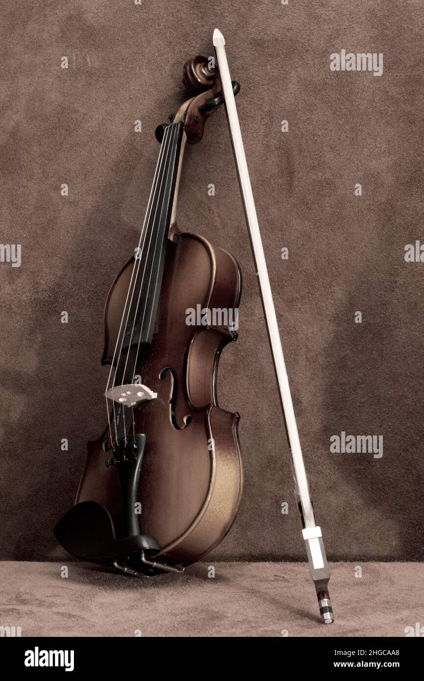 Monochrome still life with violin and bow Stock Photo - Alamy