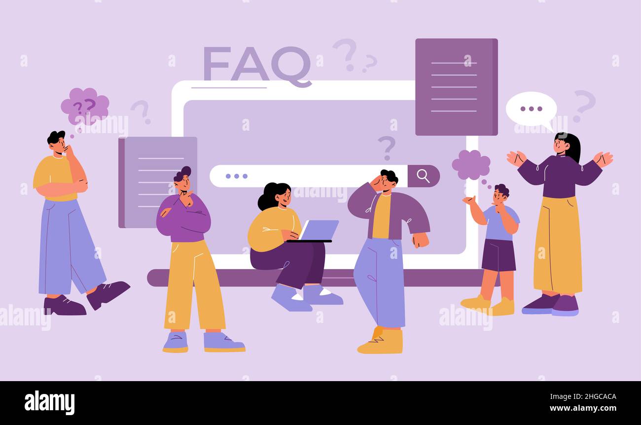 Pensive people ask questions, search answers online. Vector flat ...