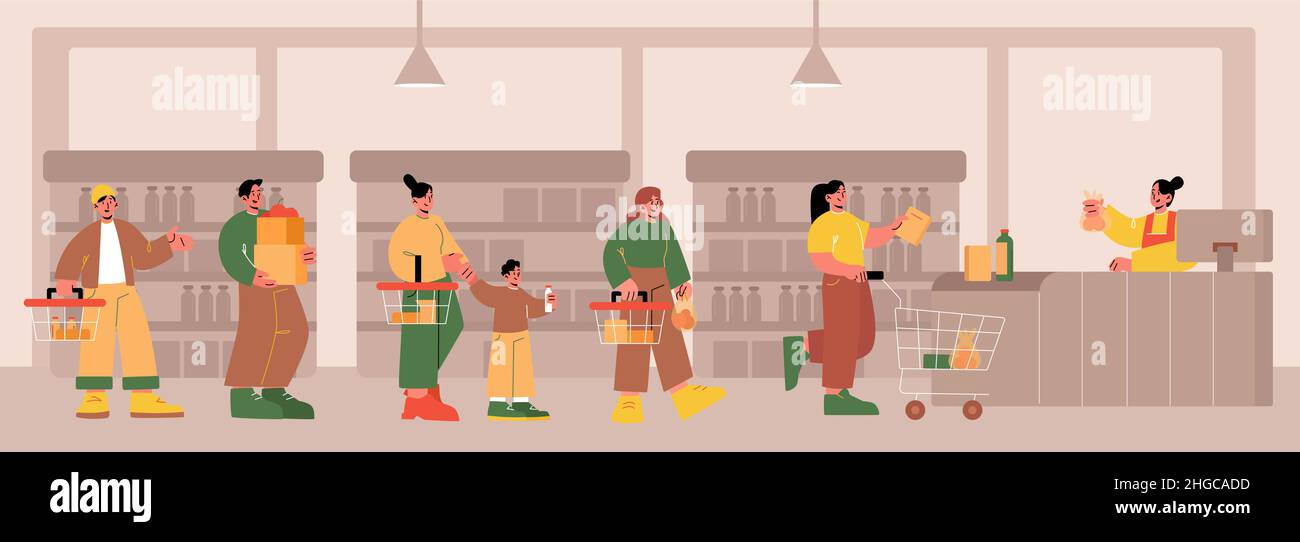 People standing in queue in supermarket. Customers waiting in long line ... People standing in queue in supermarket. Customers waiting in long line ...