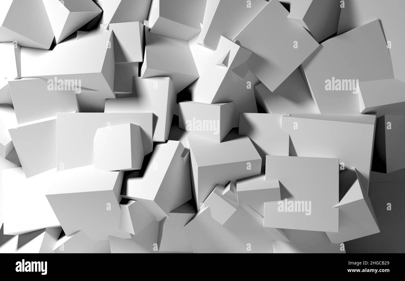 Abstract background with white 3D shapes flying in the light as a messy ...