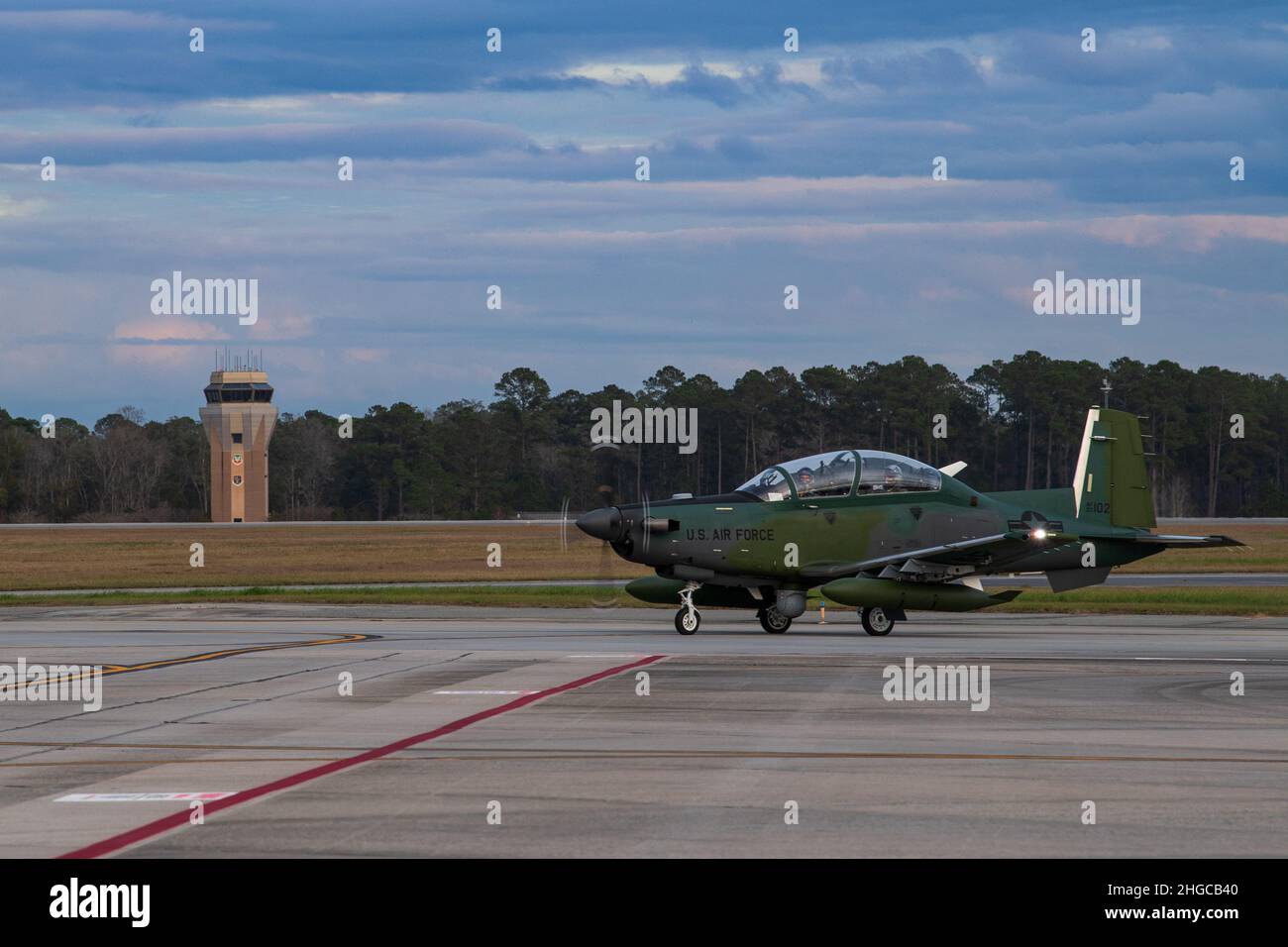 A U.S. Air Force AT-6E Wolverine taxis on the flightline during its ...