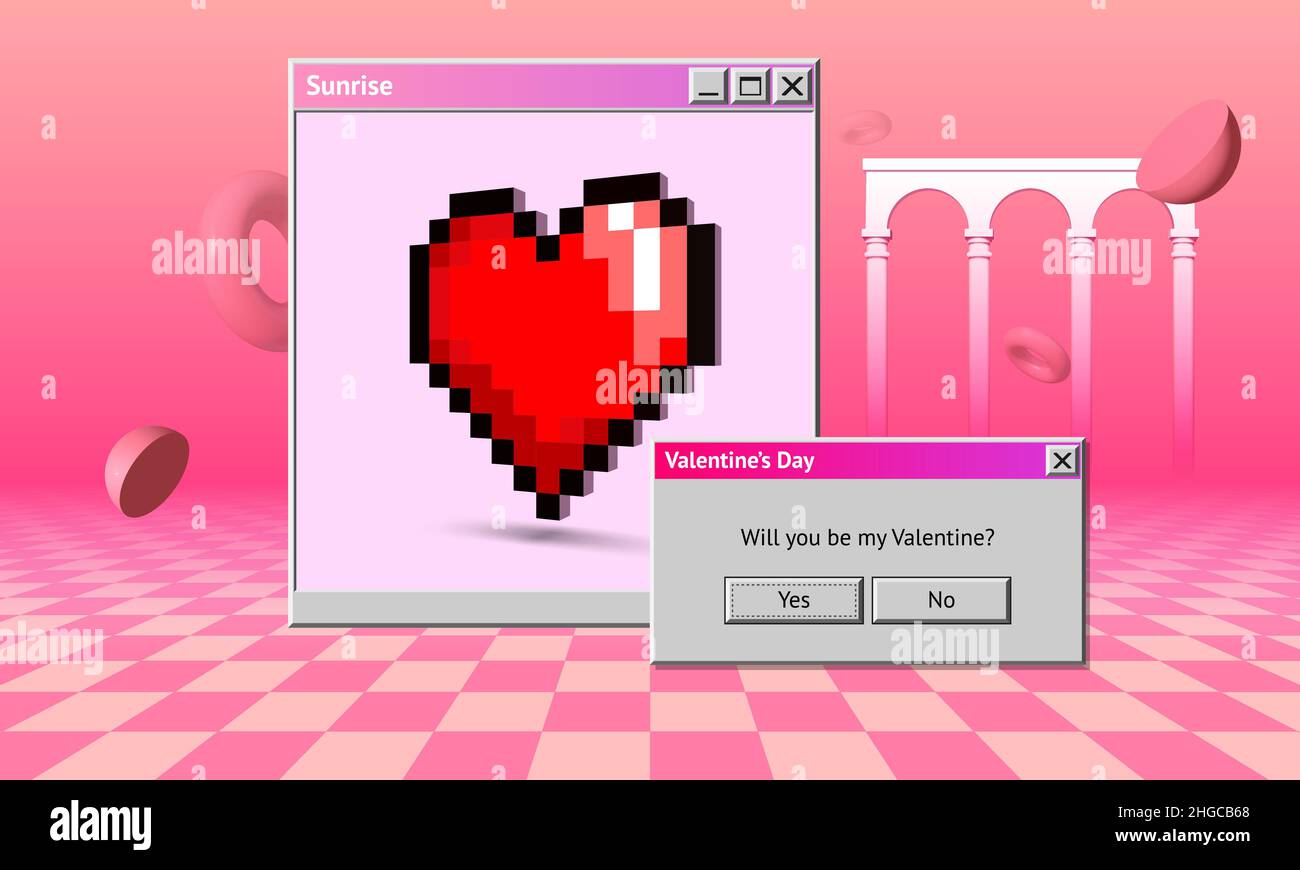 Vaporwave styled Valentine's Day greeting card with dialogue window ...