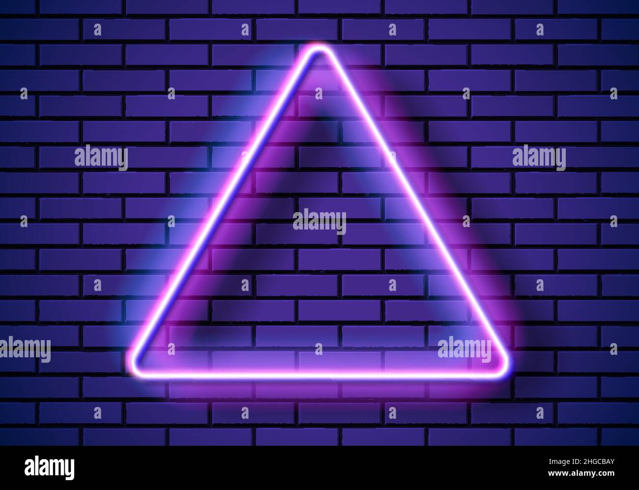Neon frame with triangle shape on the blue brick wall. Classic ...