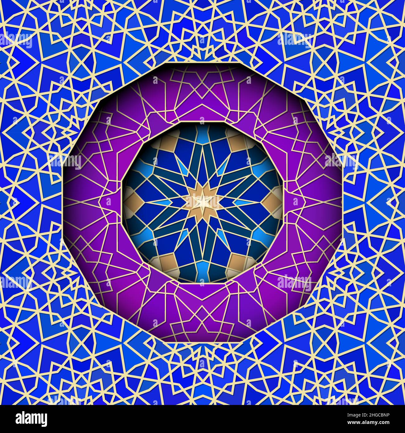 Arabic ornament with girih patterns and round frame element with star ...