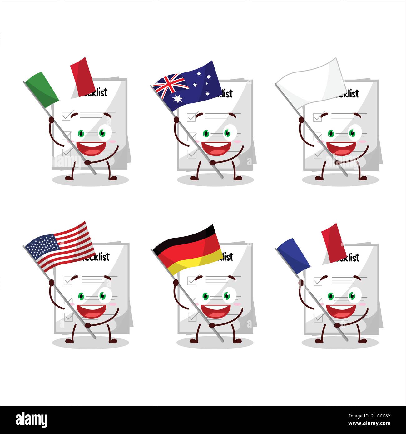 Paper Sheet Cartoon Character Bring The Flags Of Various Countries