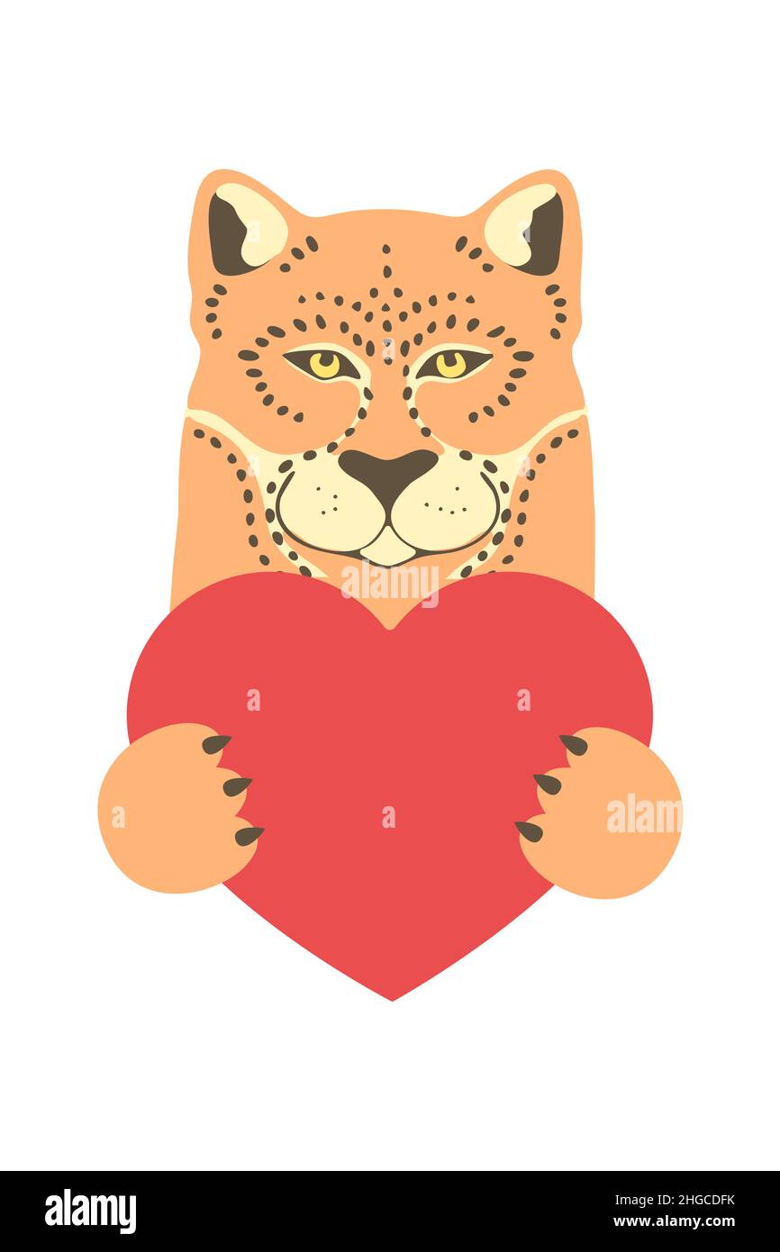 Cute cartoon puma lynx caracal cat holding a heart sign with copy space ...
