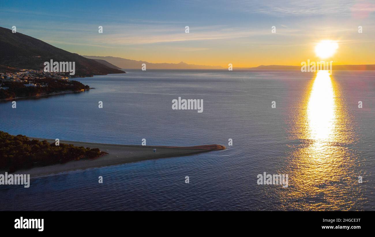 Aerial morning drone view of Zlatni Rat cape on Brac island in Croatia ...