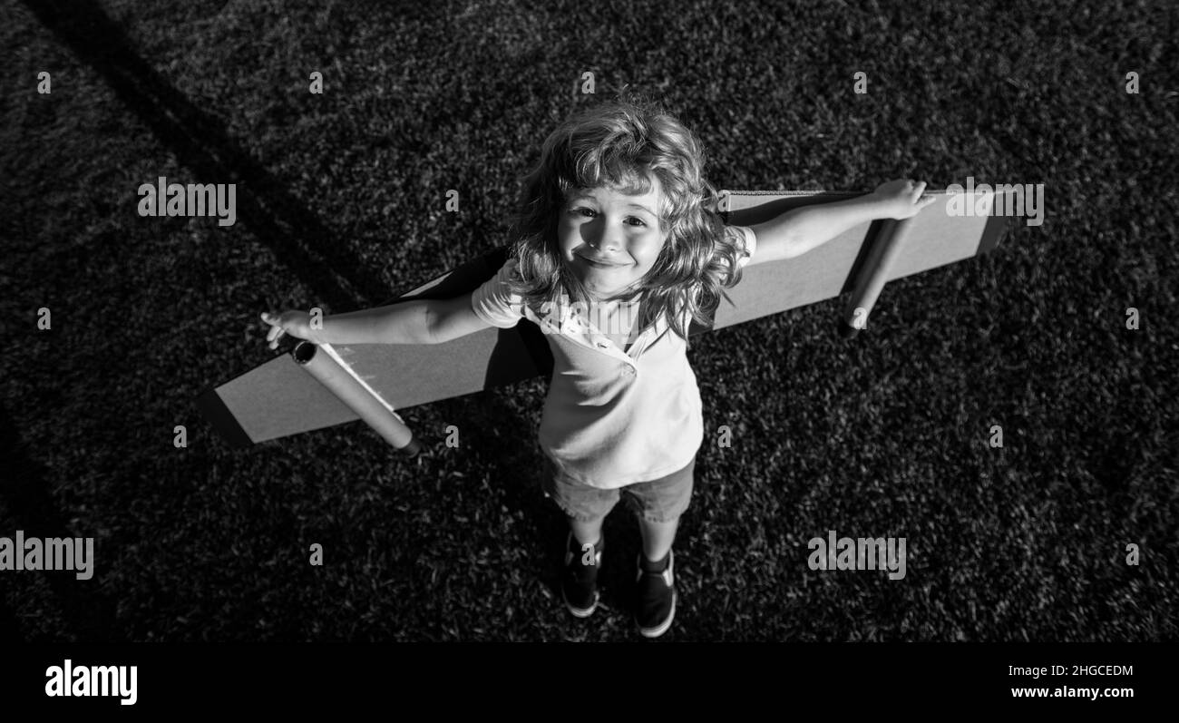 Child boy imagination dream to be pilot. Creative and innovation ...