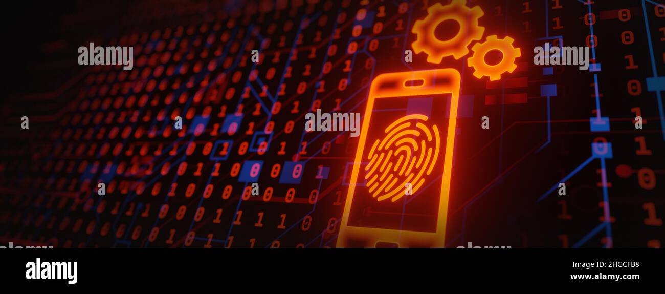 Digital binary circuit code cybersecurity on mobile phone 3D rendering ...
