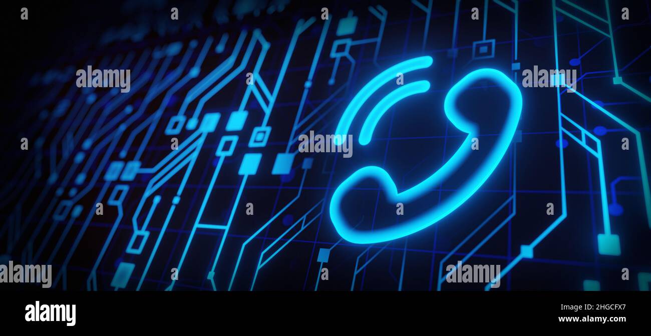Blue Communication Technology Concept with phone symbol as a neon light ...