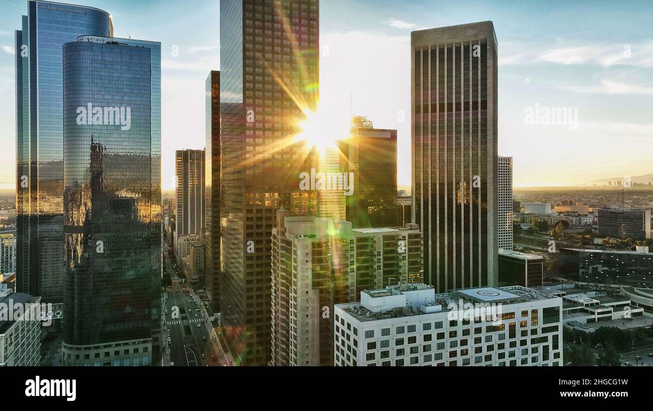 Los Angels city center, sunset. Los angeles aerial view, with drone ...