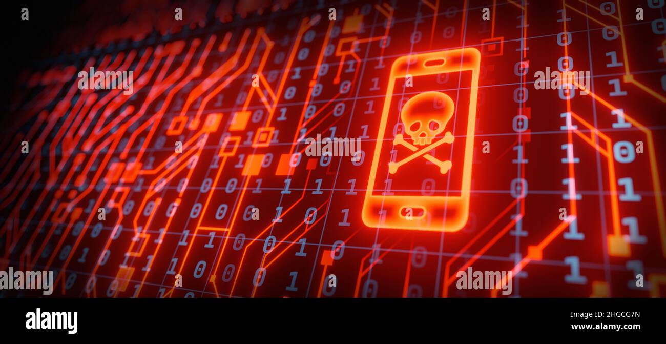 abstract binary skull with mobile phone symbol data network technology ...