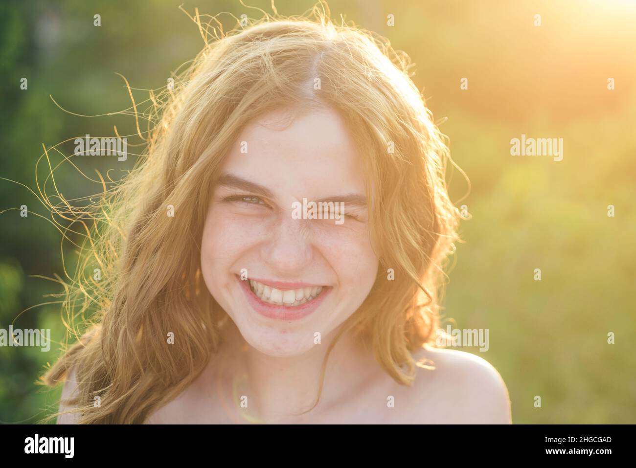 Spring romantic young woman portrait. Young teen woman with clean fresh ...
