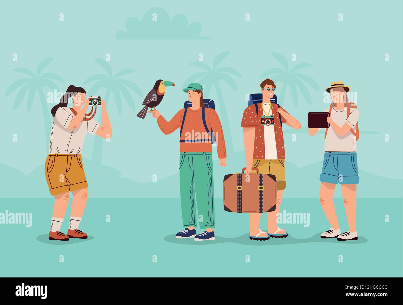 four tourist travelers characters Stock Vector Image & Art - Alamy