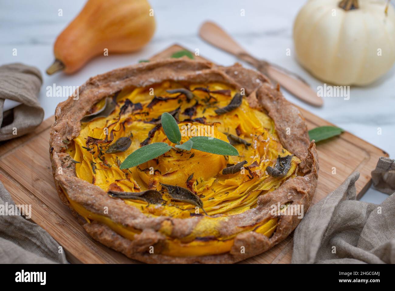 home made pumpkin quiche on a table Stock Photo - Alamy