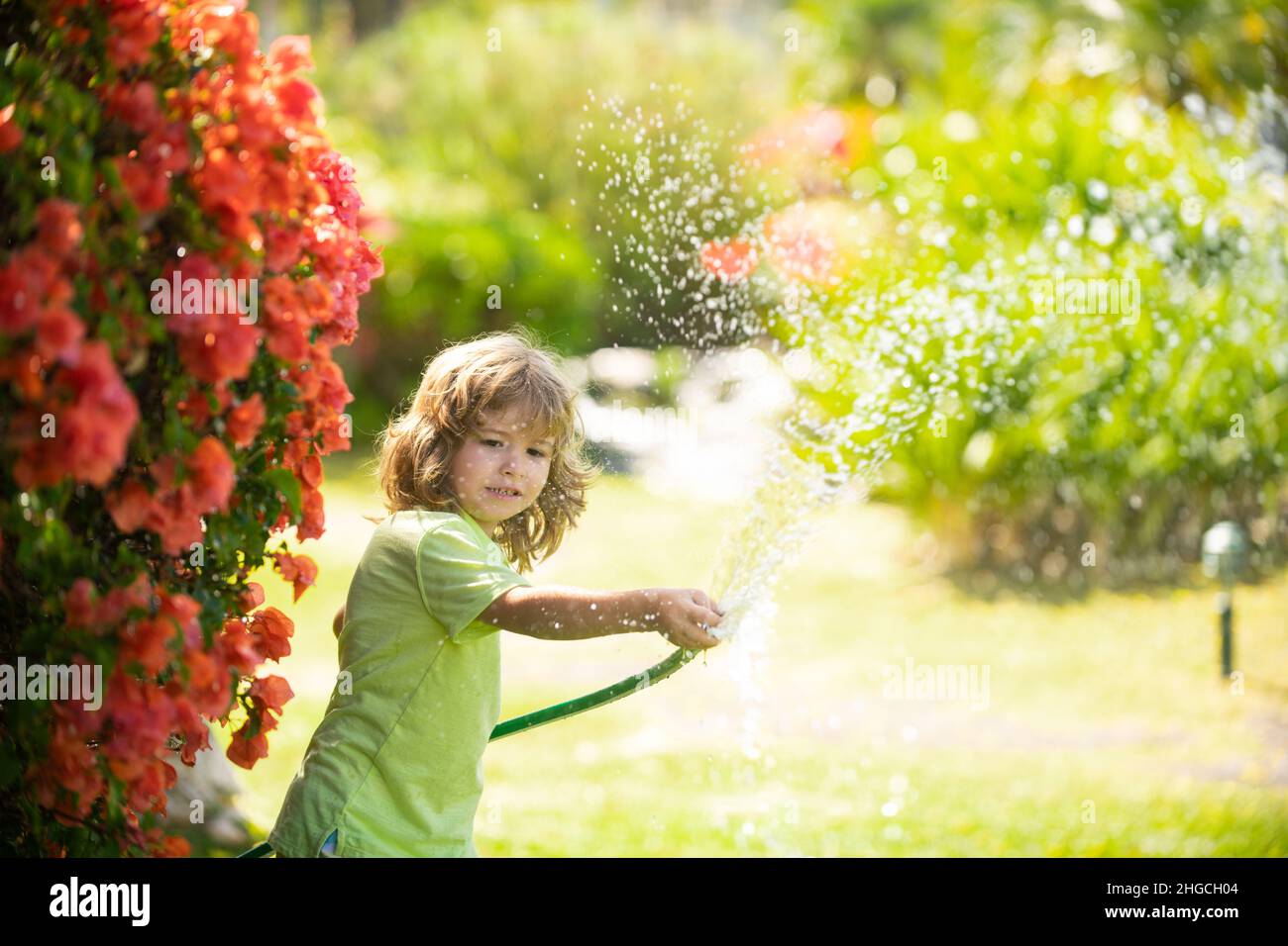 Funny little boy playing with garden hose in backyard. Child having fun ...