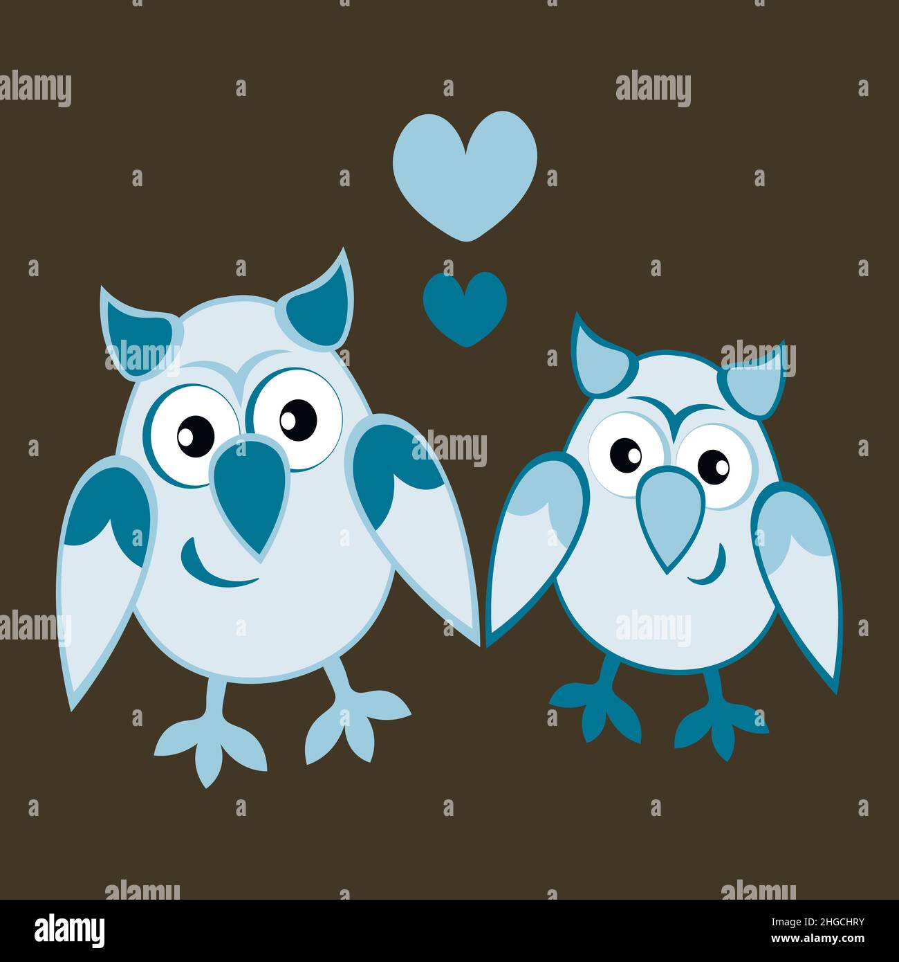 Illustration on a square background - two owls in love with hearts ...