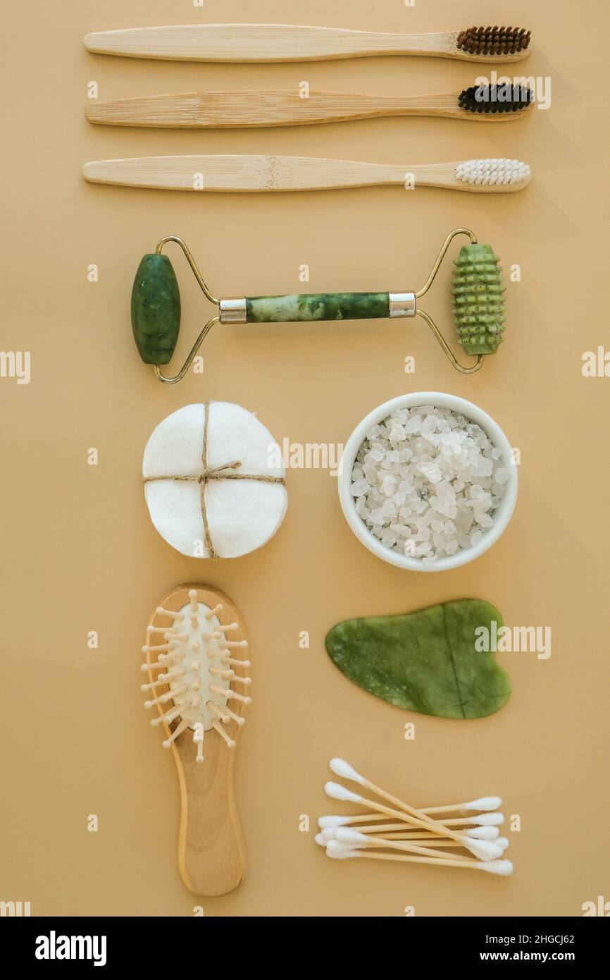 Natural skin care products on neutral beige background, flat lay ...